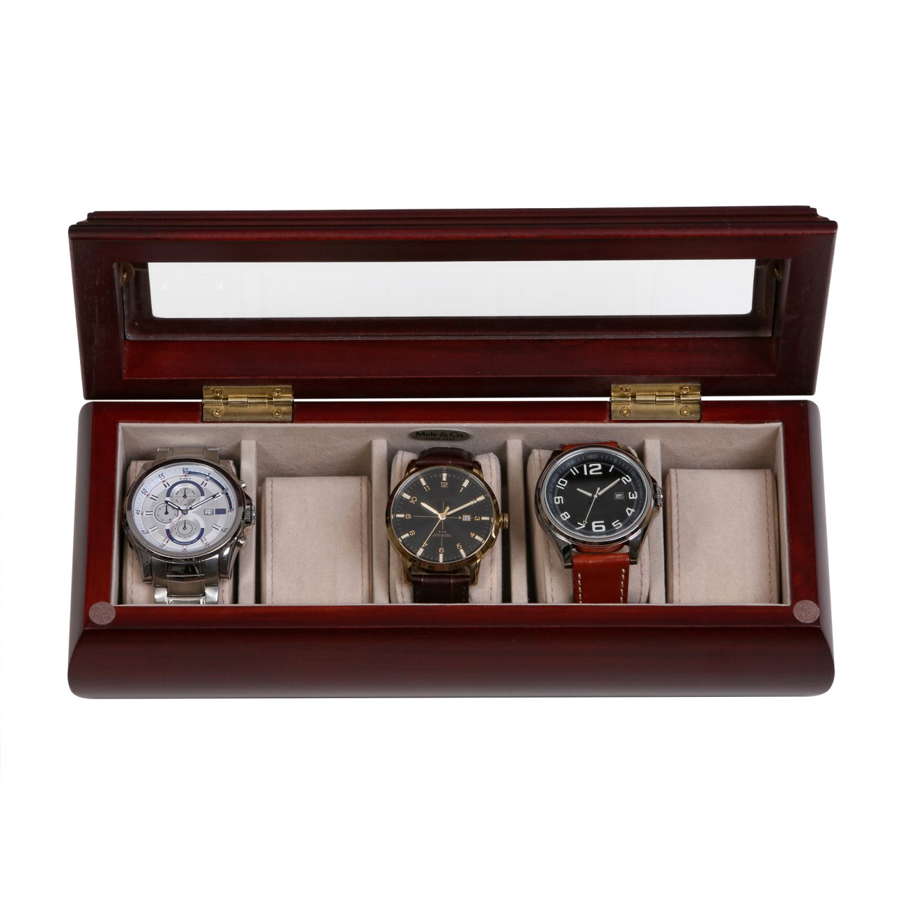 Sophisticated 5 Section Cherry Colored Watch Organizer with Domed Glass ...