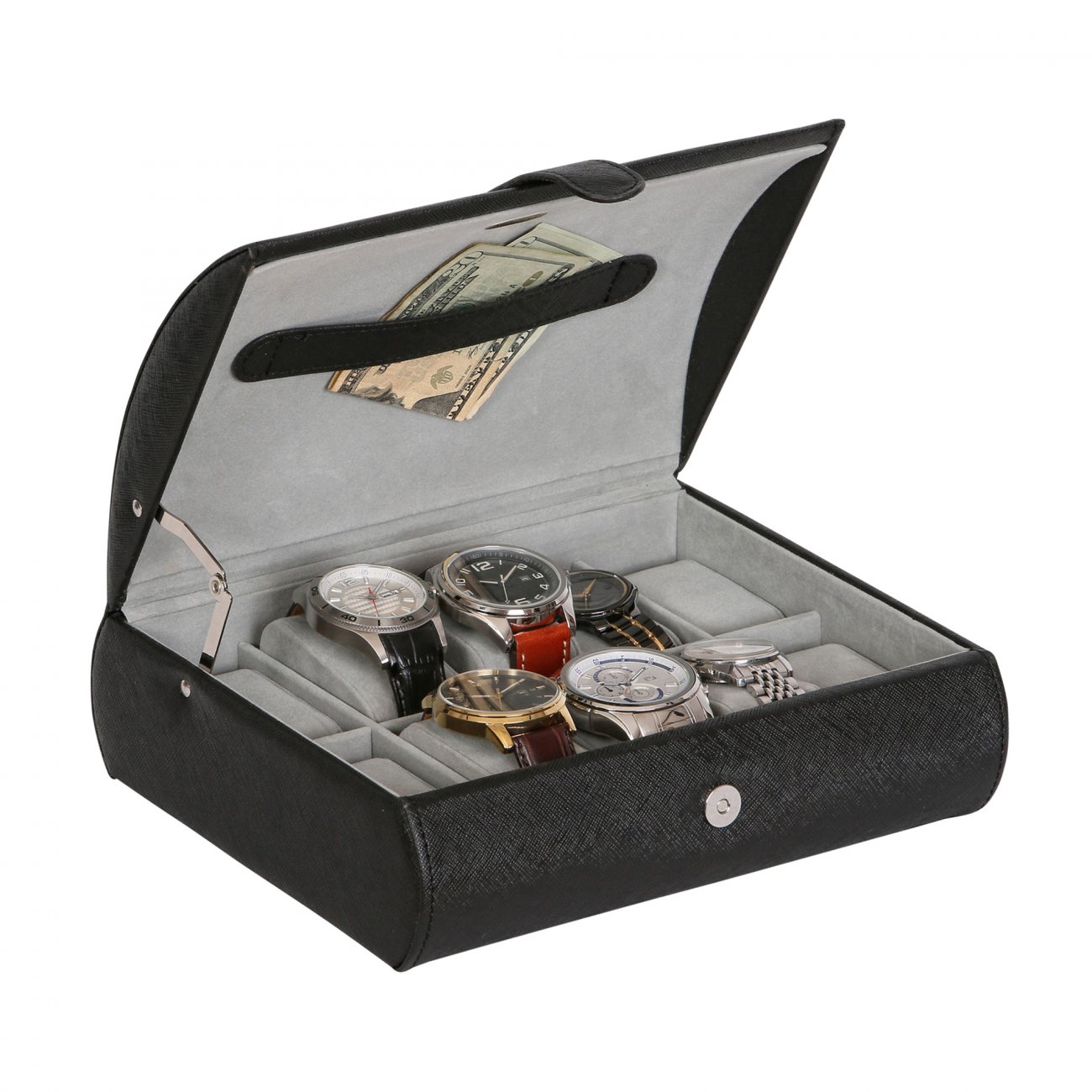 Modern, Large 10 Section Black Colored Faux Leather Watch Organizer ...