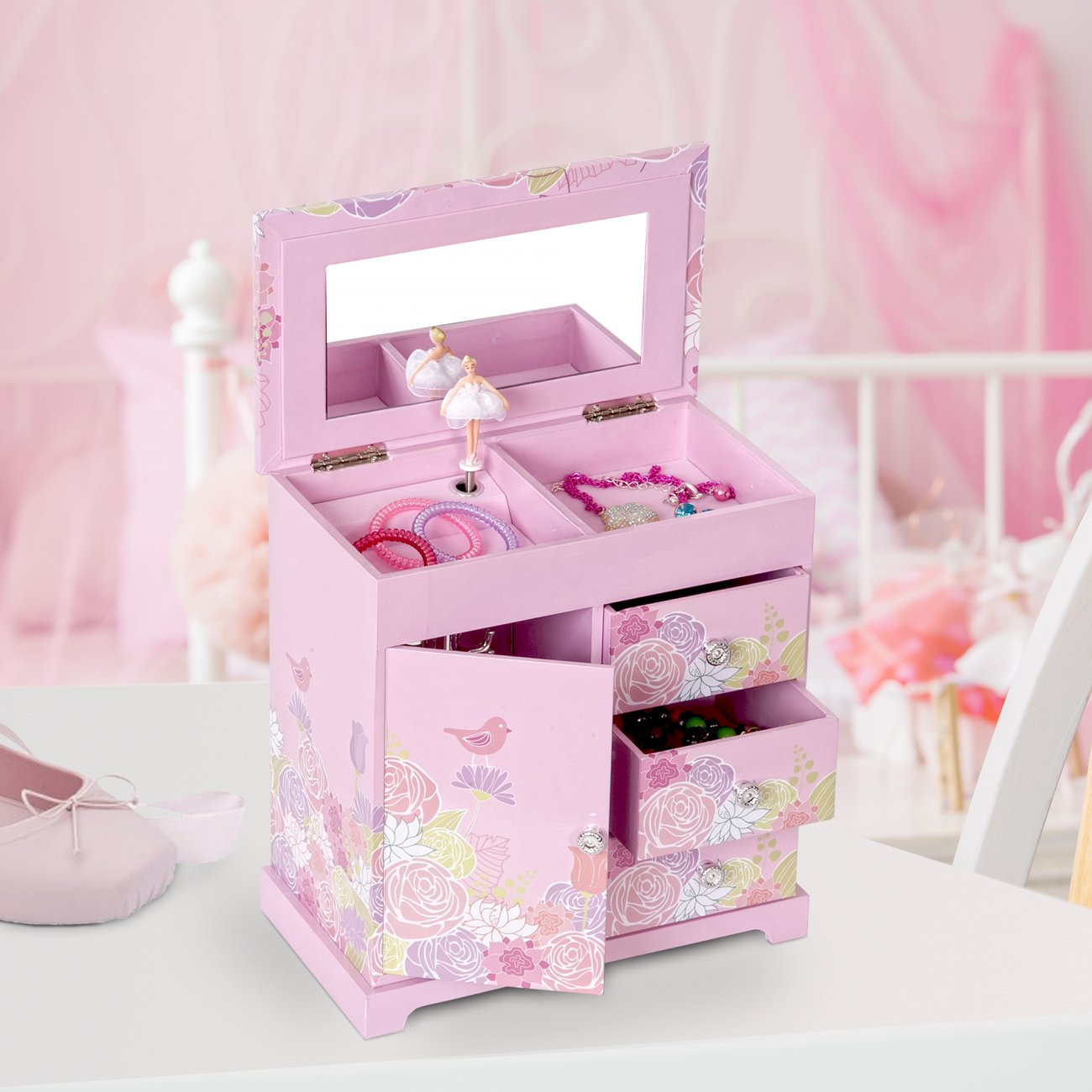 Playful, Large Upright Pink Flower and Bird Print Children’s Musical ...