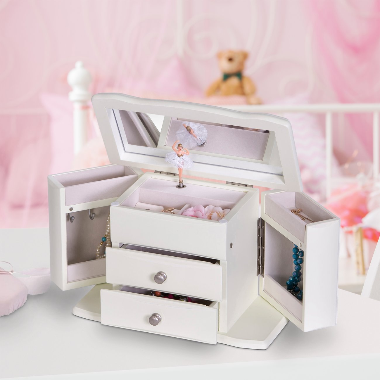 Classic, Upright Children’s Musical Jewelry Box in Ivory Colored Wood ...